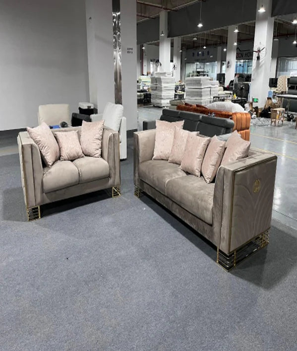 Bahrain 3+2 sofa in beige velvet with gold accent detailing and legs ...