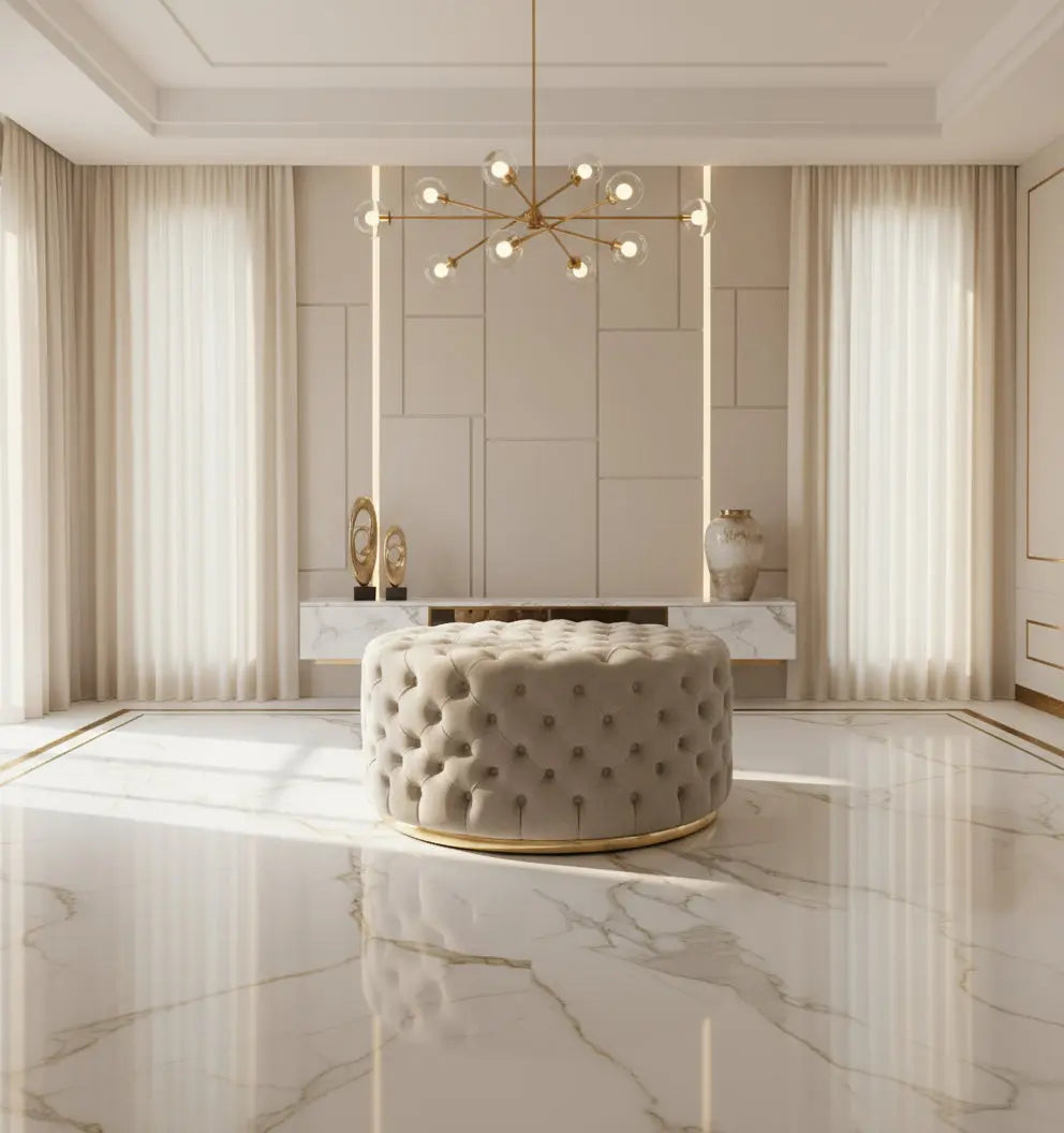 Stylish Round Footstool - Champagne & Gold Design – F I INTERIORS